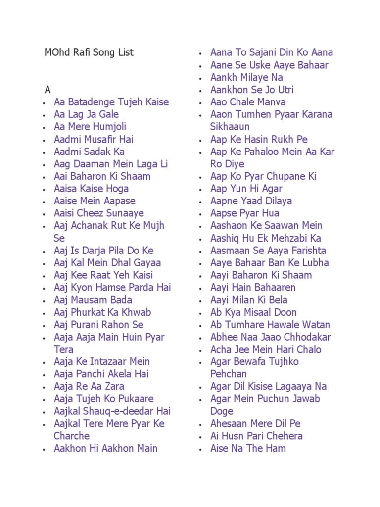 MOhd Rafi Song List - Alphabatical | PDF | Bollywood | Entertainment ...