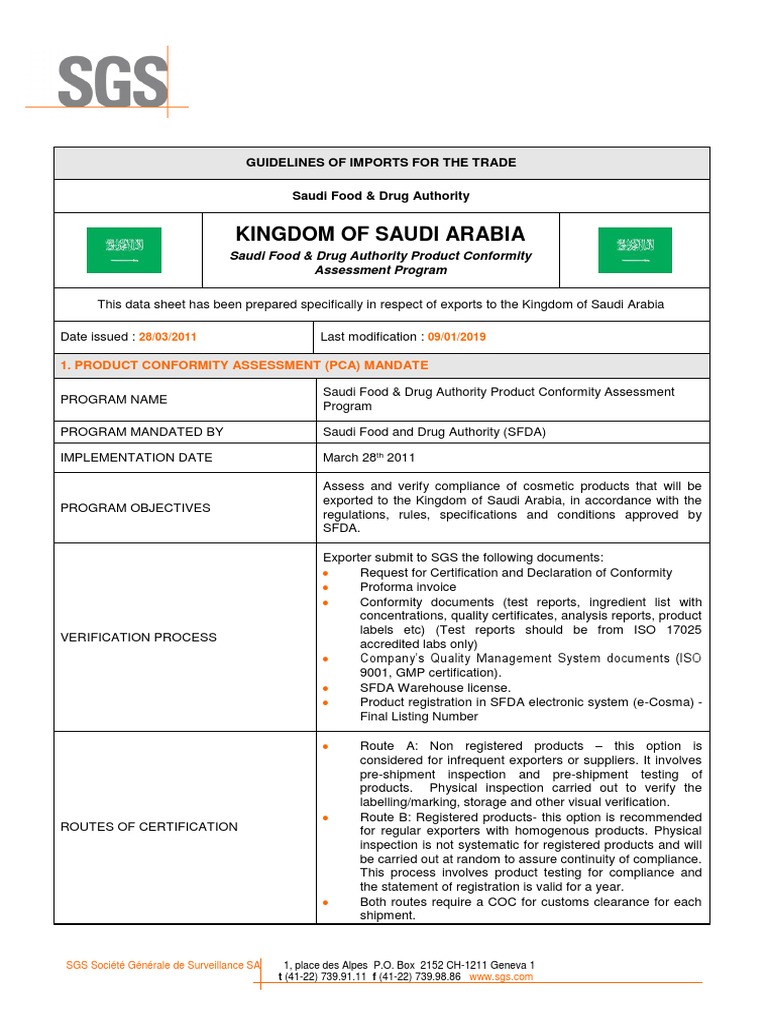 SGS GIS PCA Saudi Arabia SFDA Datasheet A4 EN 19 V9 | PDF | Cosmetics ...