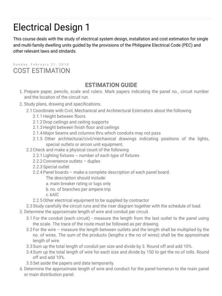 Electrical Design 1 Cost Estimation Pdf Electricity Electrical