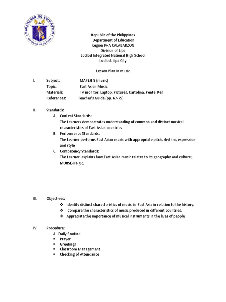 East Asian Music Lesson Plan for Grade 8 | PDF | East Asia | Lesson Plan