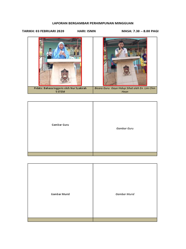 Contoh Template Laporan Bergambar Perhimpunan Mingguan | PDF
