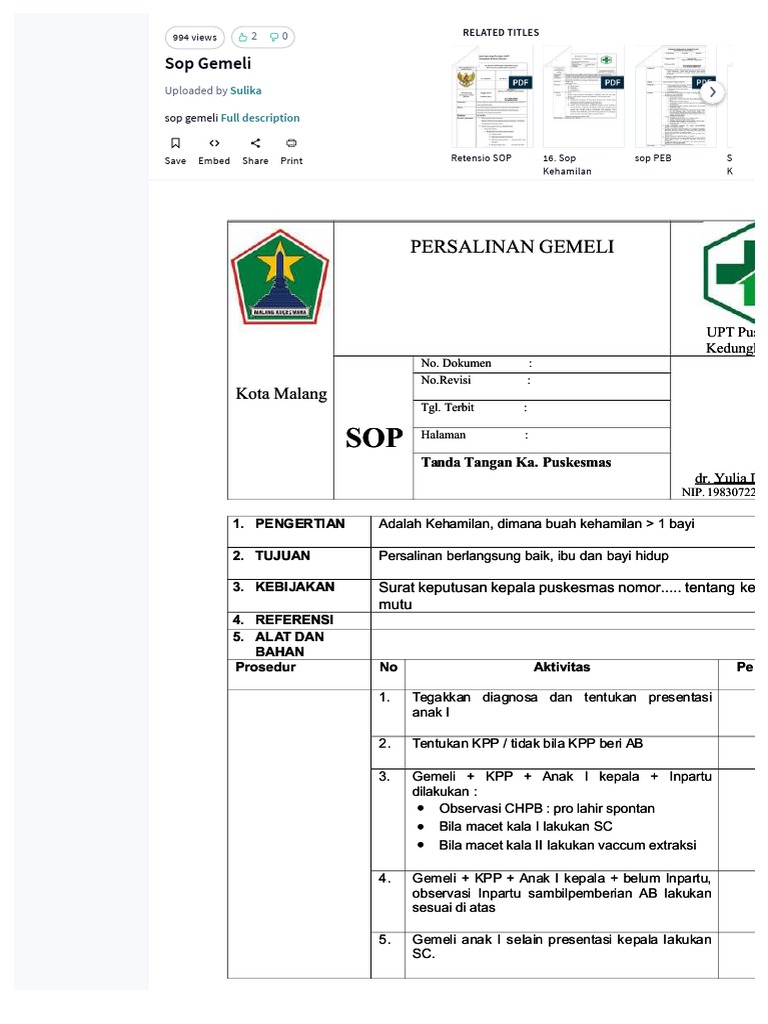 SOP Persalinan Gemeli | PDF