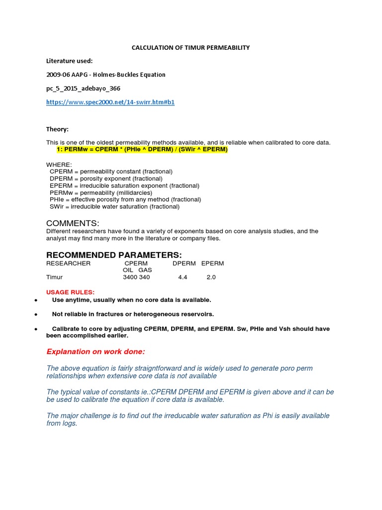 Calculation of Timur Permeability | PDF | Permeability (Earth Sciences ...