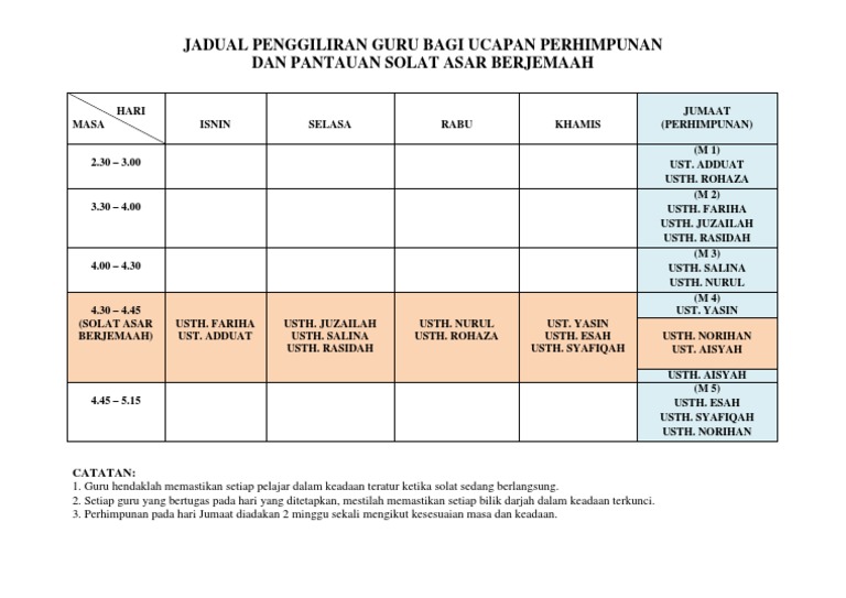 Jadual Penggiliran Ucapan Dan Solat Asar 2020 Pdf 