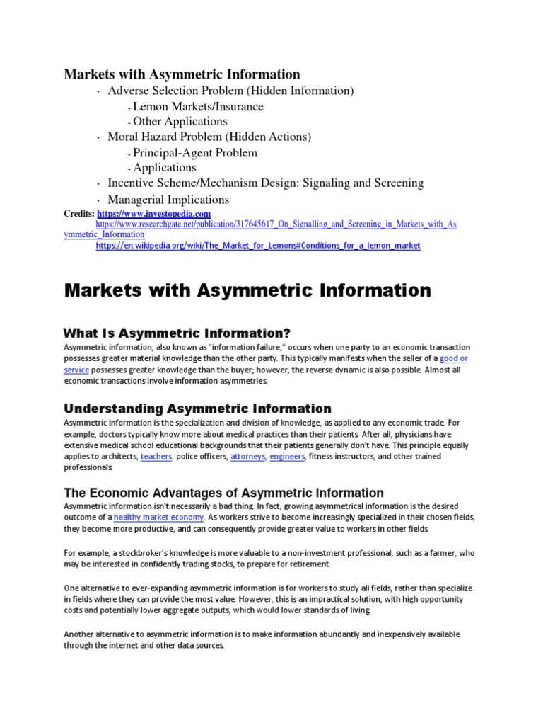Markets With Asymmetric Information | PDF | Economies | Microeconomics