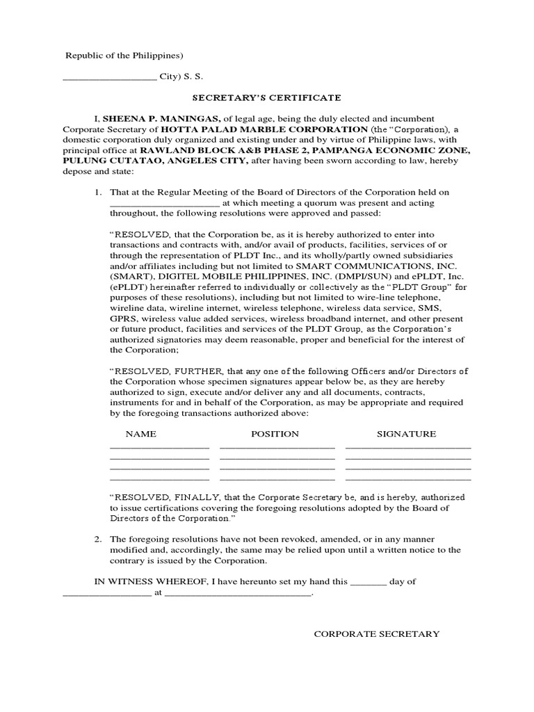 Secretary Certificate | PDF | Board Of Directors | Government Information