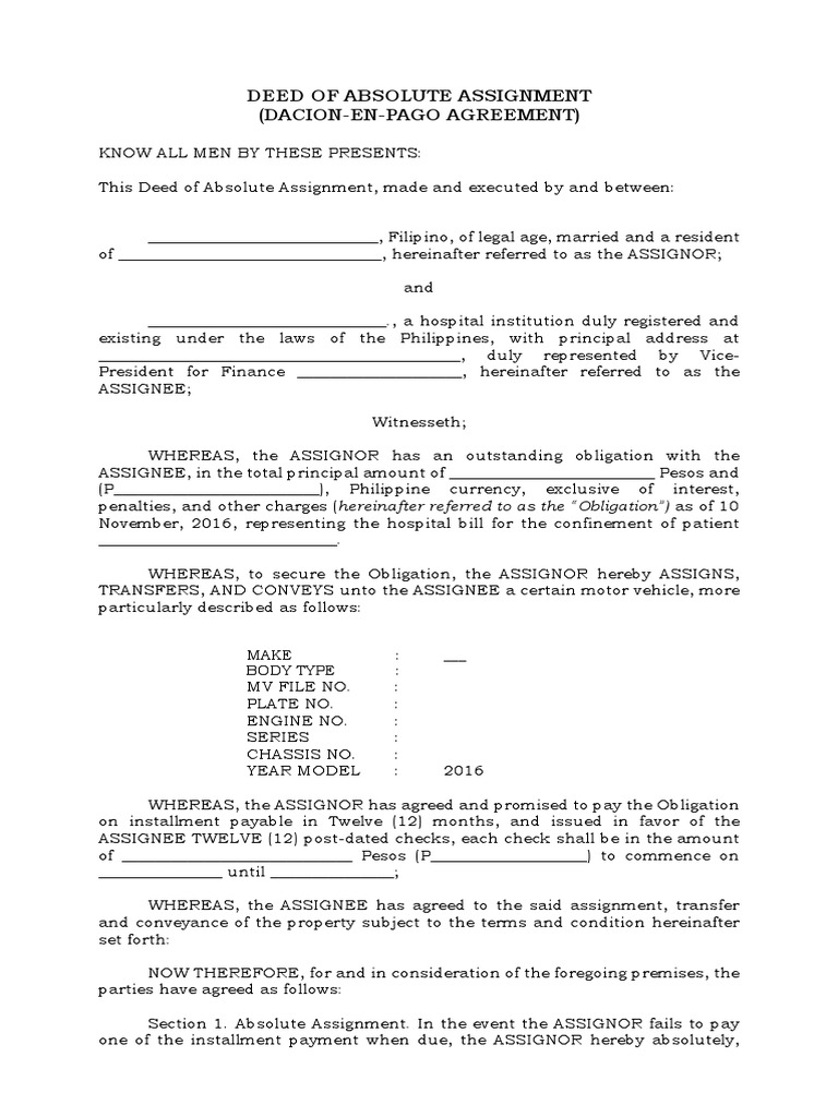 DEED OF ABSOLUTE ASSIGNMENT Dacion en Pago | PDF | Assignment (Law ...