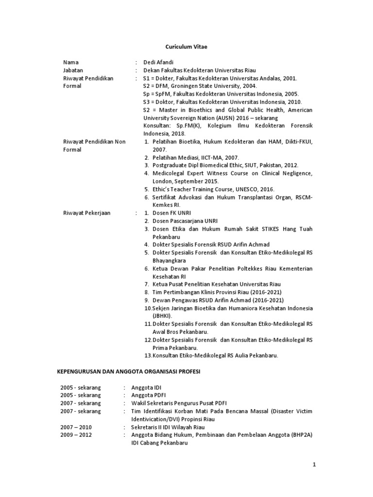 CV Pemicara 1 Dr. Dedi Afandi 2019 | PDF