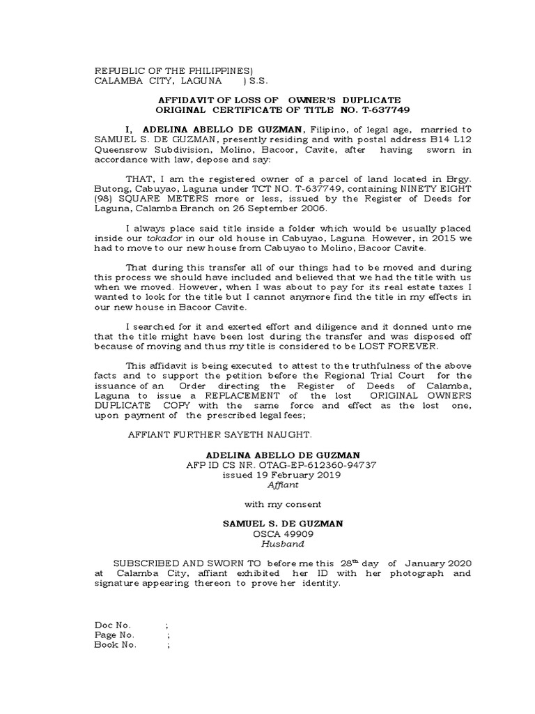 Affidavit of Loss for Title Replacement | PDF | Affidavit | Civil Law ...