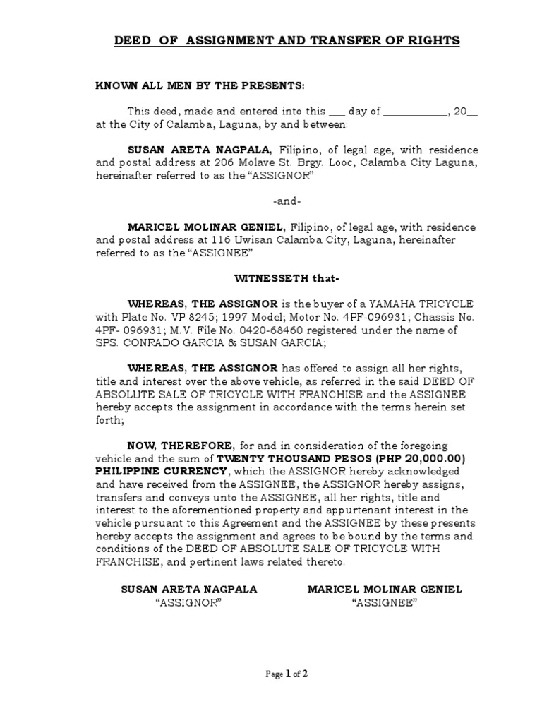 Deed of Assignment and Transfer of Rights | PDF | Assignment (Law ...