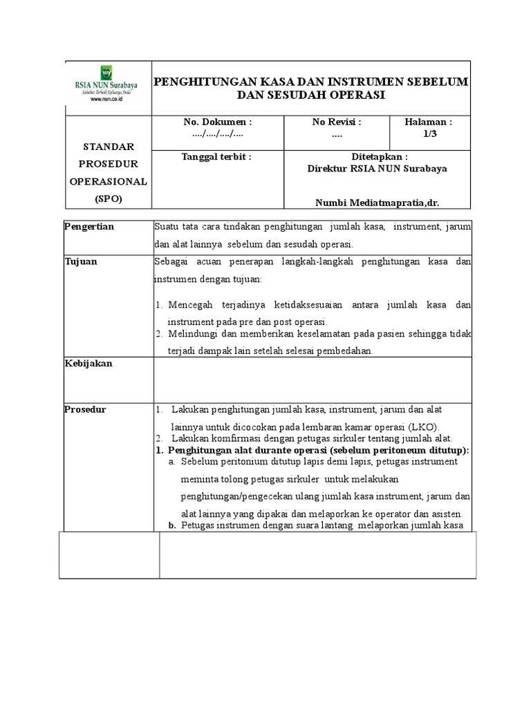 Penghitungan Kasa Dan Instrumen Sebelum Dan Sesudah Operasi | PDF