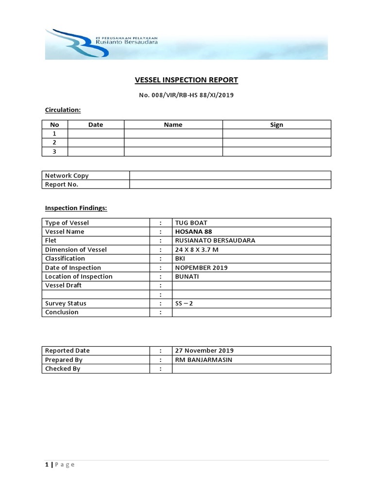 Vessel Inspection Report - Hosana 88 - Nop 2019 | PDF | Shipping ...