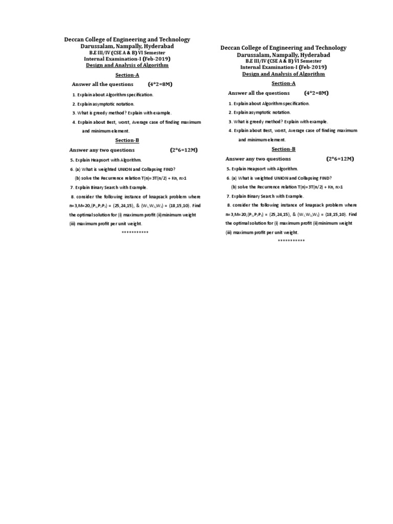 DAA Exam Paper - Feb 2019 | PDF | Applied Mathematics | Algorithms