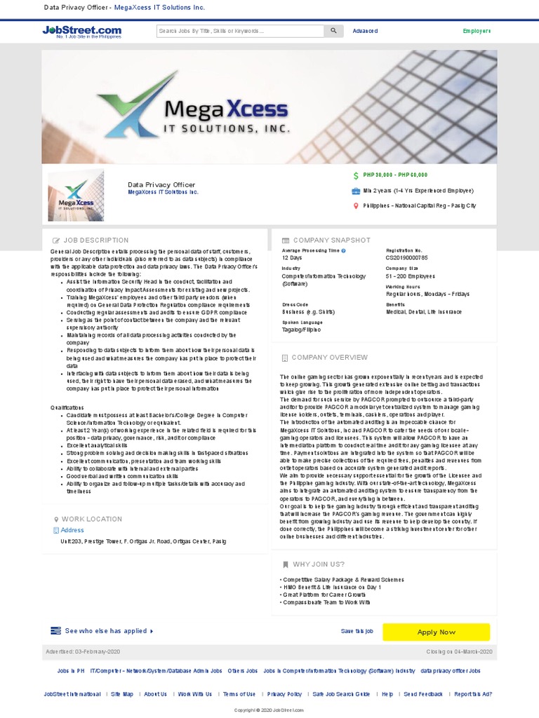 Data Privacy Officer Job - MegaXcess IT Solutions Inc. - 10010181 ...