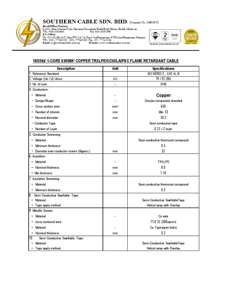 SOUTHERN CABLE 630mmsq Cu XLPE | PDF | Electrical Conductor | Insulator ...