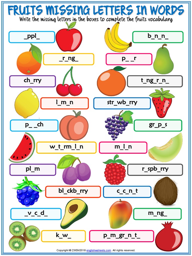 Fruits Vocabulary Esl Missing Letters in Words Worksheet For Kids | PDF