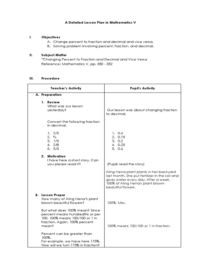 A Detailed Lesson Plan in Mathematics V | PDF | Fraction (Mathematics ...
