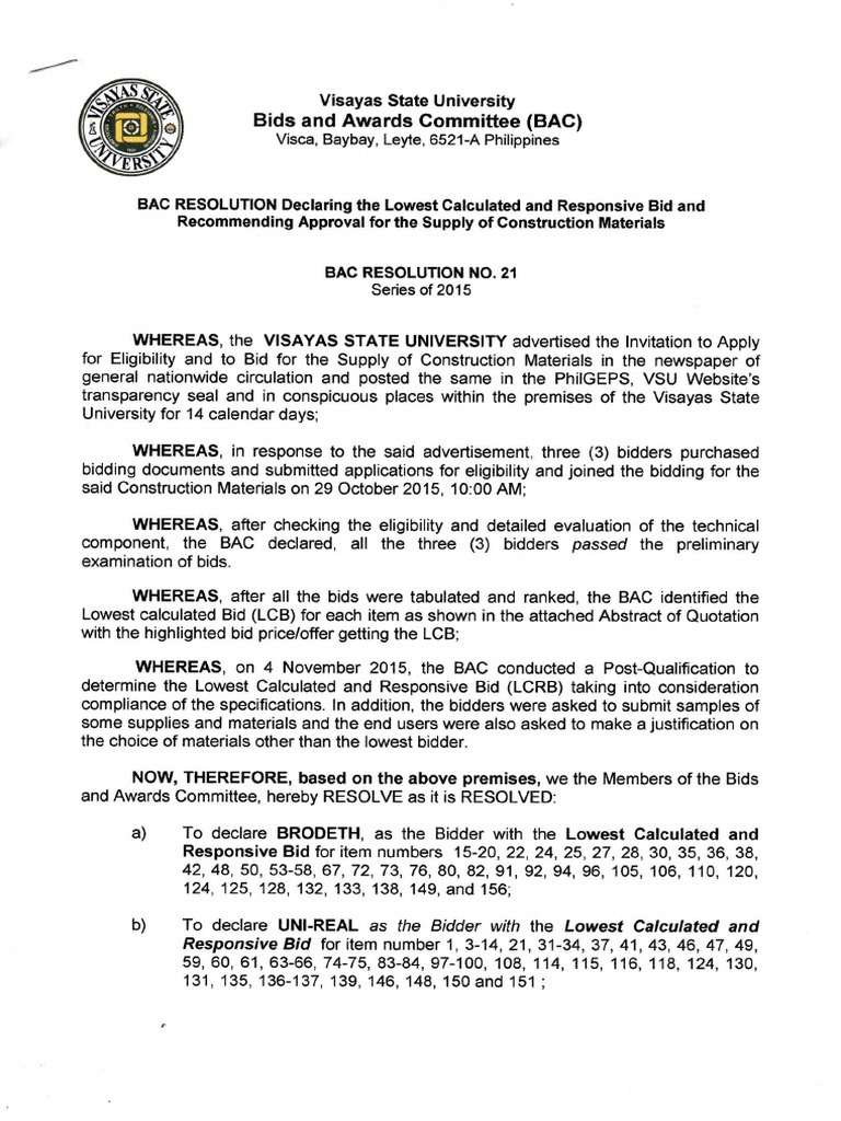 BAC Resolution for Lowest Bid Approval | PDF | Business