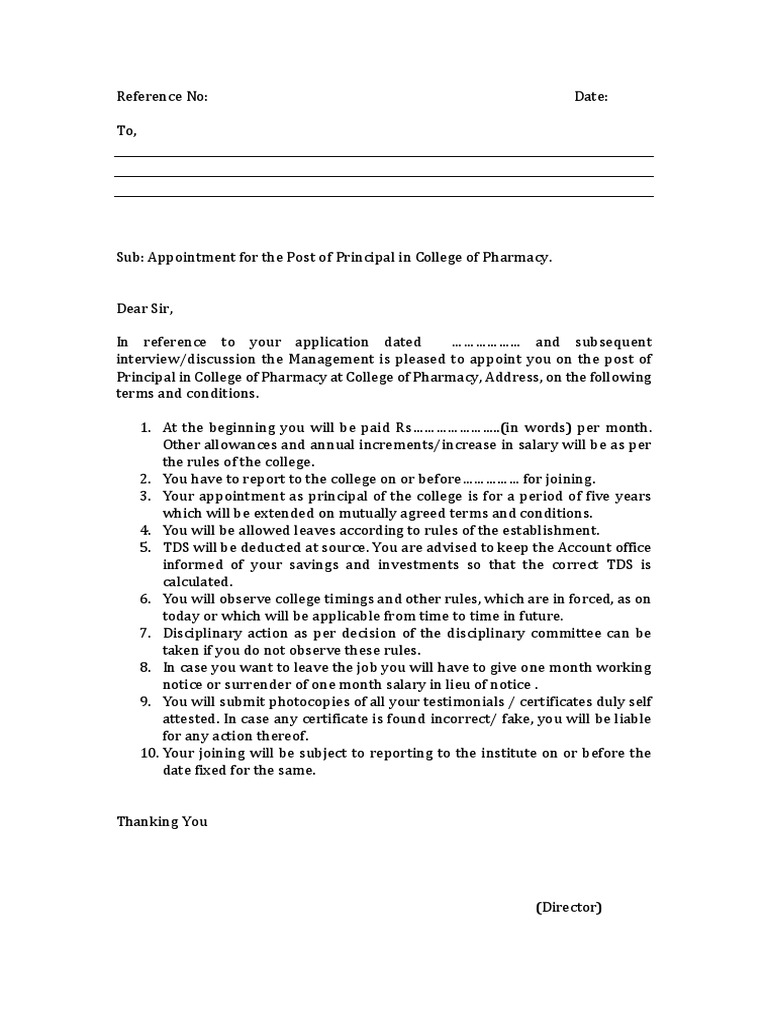 Appointment Letter For Principal