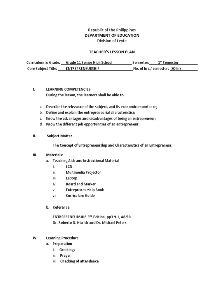 Grade 11 Entrepreneurship Lesson Plan | PDF | Entrepreneurship | Lesson ...