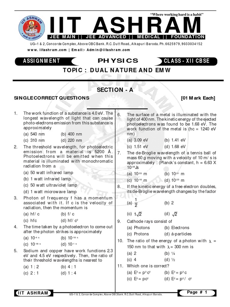 Assignment - 1 - DUAL NATURE AND EMW - CBSE | PDF | Photoelectric Effect | Electromagnetic Radiation