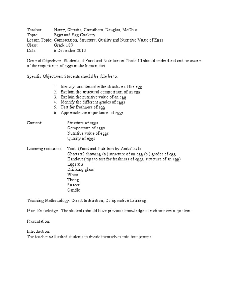 Lesson Plan Eggs | PDF | Egg As Food | Nutrition