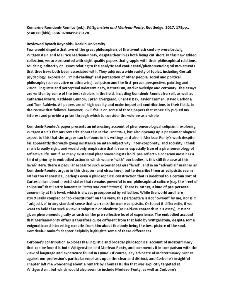 Komarine Romdenh-Romluc Wittgenstein and Merleau-Ponty Review | PDF | Naturalism (Philosophy ...