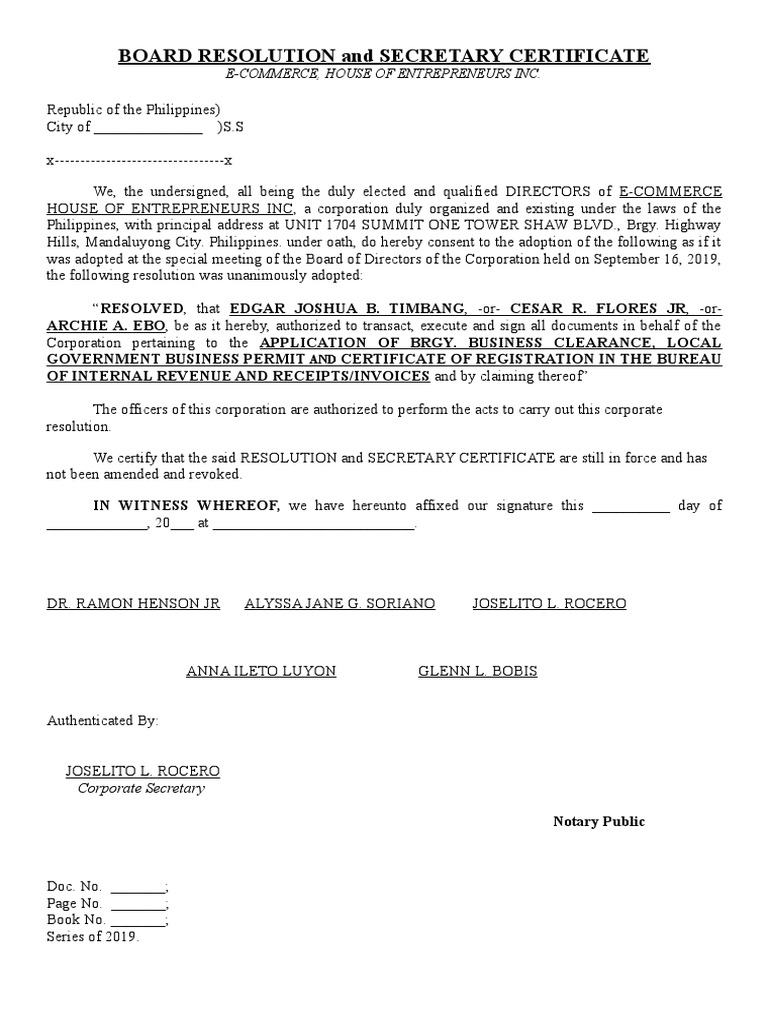 Hoe Board Resolution and Secretary Certificate | PDF