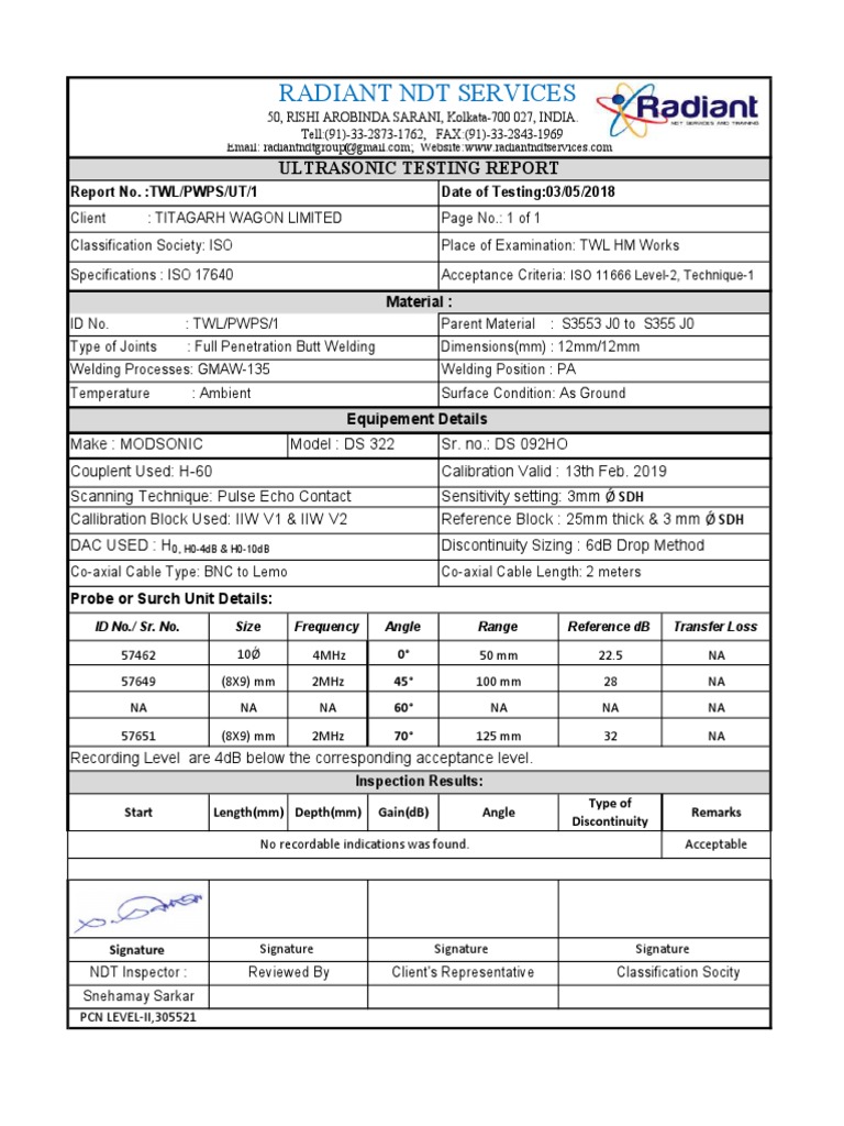 RADIANT NDT SERVICES REPORT PROVIDES ULTRASONIC TESTING RESULTS | PDF ...