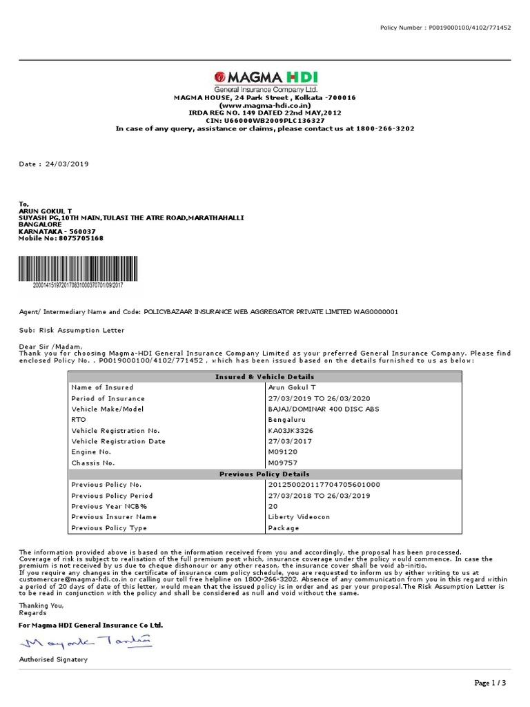 Risk Assumption Letter and Two Wheeler Insurance Policy for Arun Gokul ...