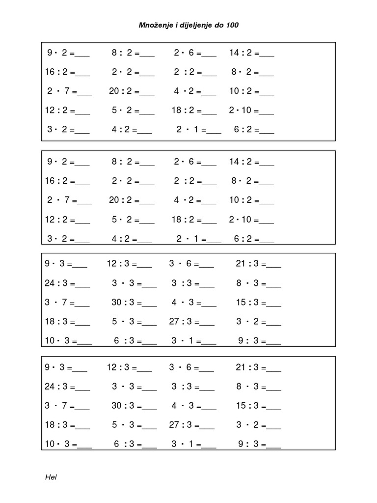 Mnozenje I Dijeljenje Do 100 | PDF