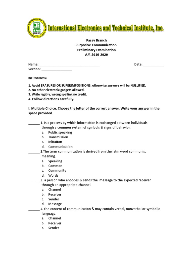 Purposive Communication Preliminary Examination 4 | PDF | Communication | Semiotics