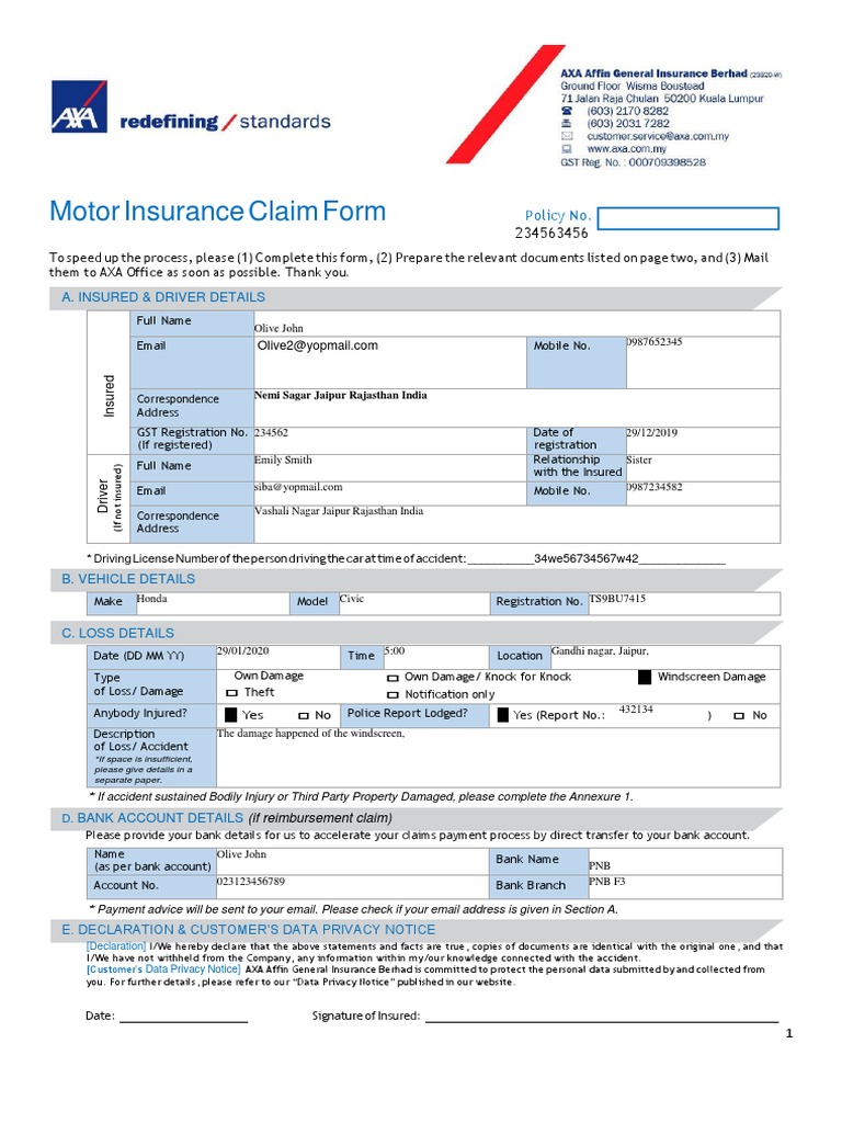 SmartDrive Private Motor Insurance Claim Form Eng | PDF | Vehicle ...