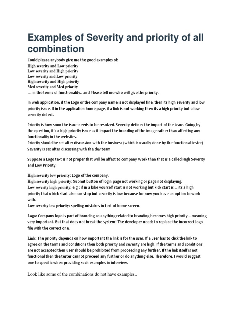 Examples of Severity and Priority | PDF | Software Bug | Software Testing