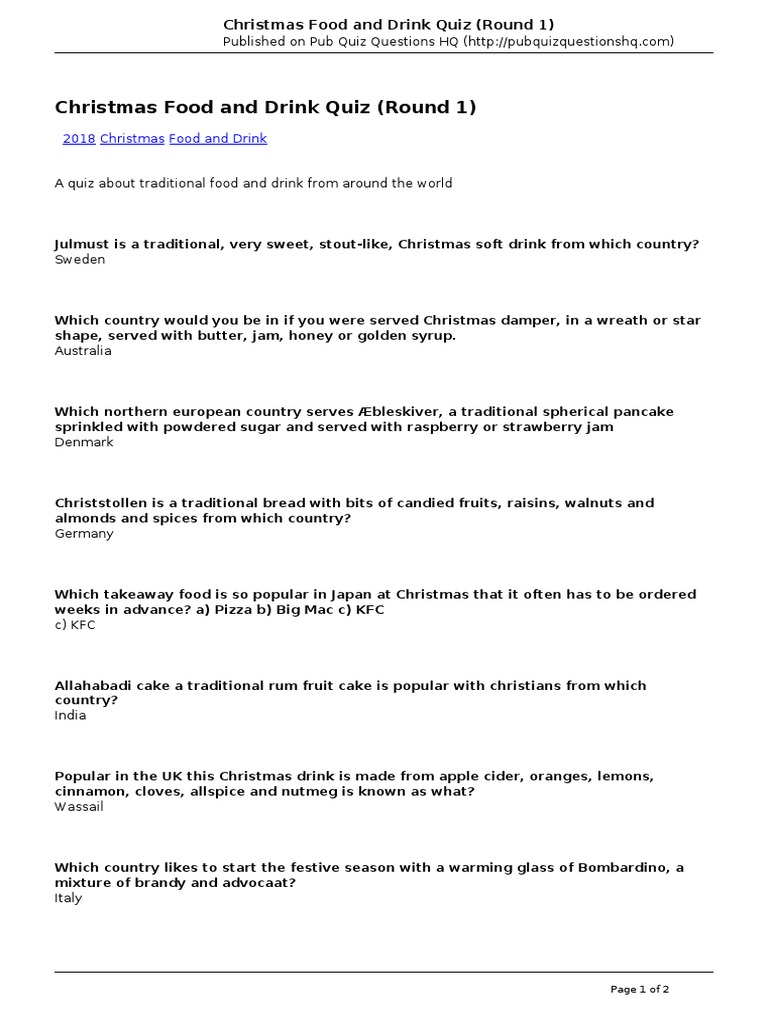 Pub Quiz Questions HQ - Christmas Food and Drink Quiz Round 1 | PDF