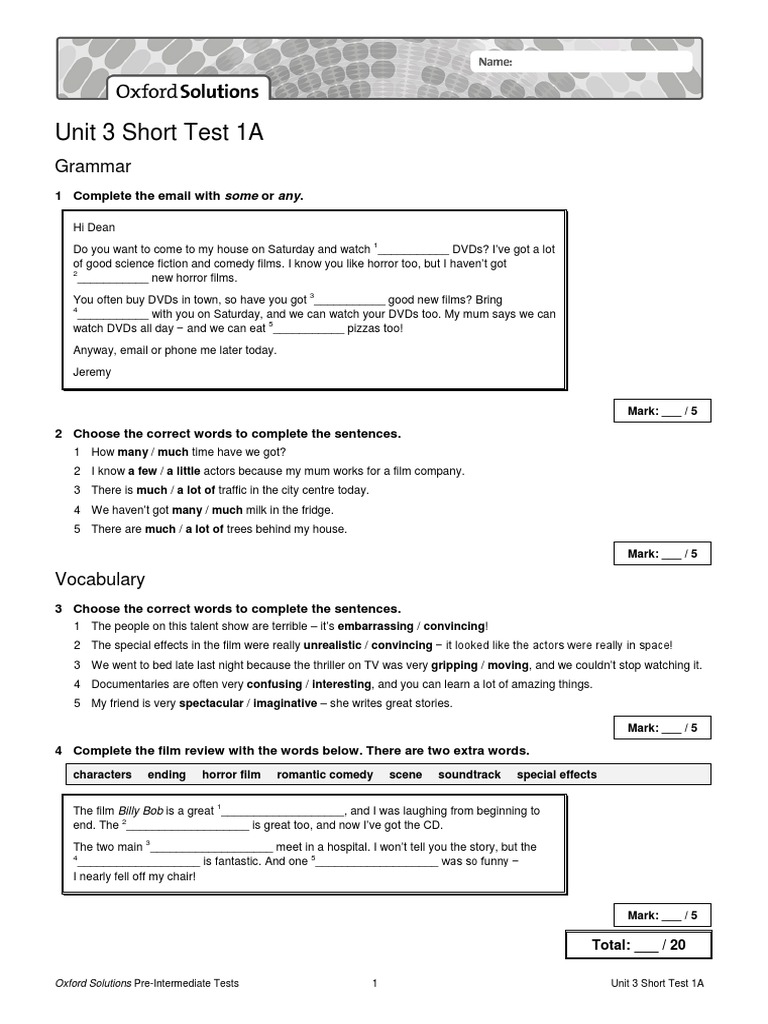 Oxford Solutions Pre-Int Short Test Unit 3 1A PDF | PDF