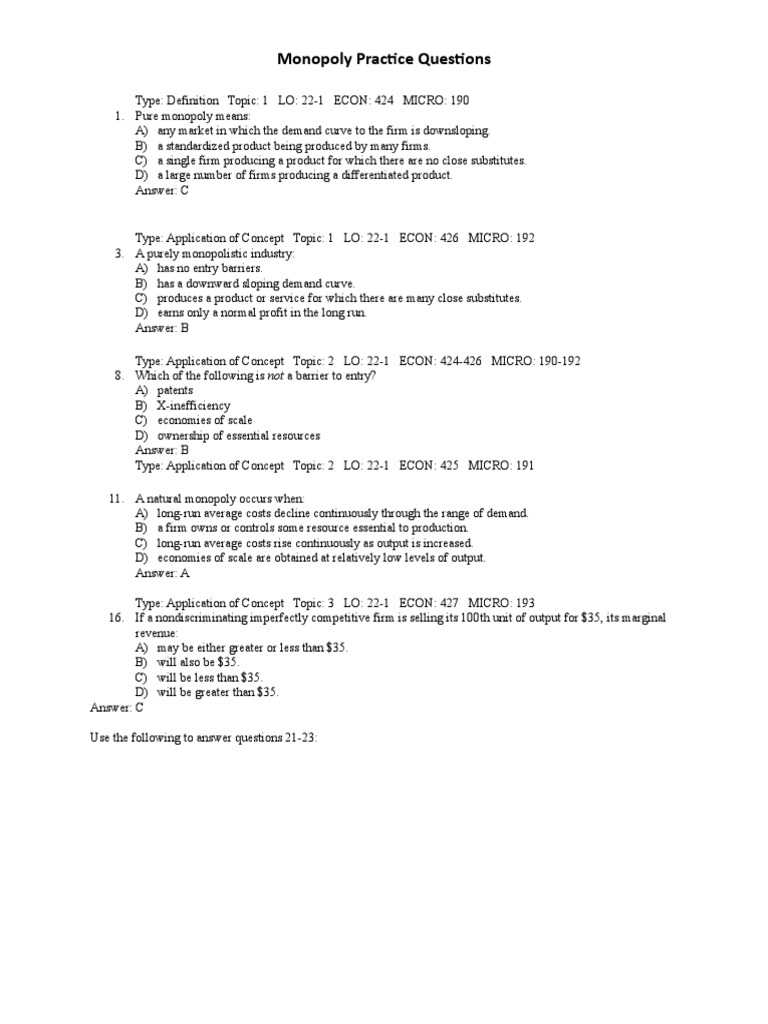 Monopoly Practice Questions and Answers | PDF | Monopoly | Microeconomics