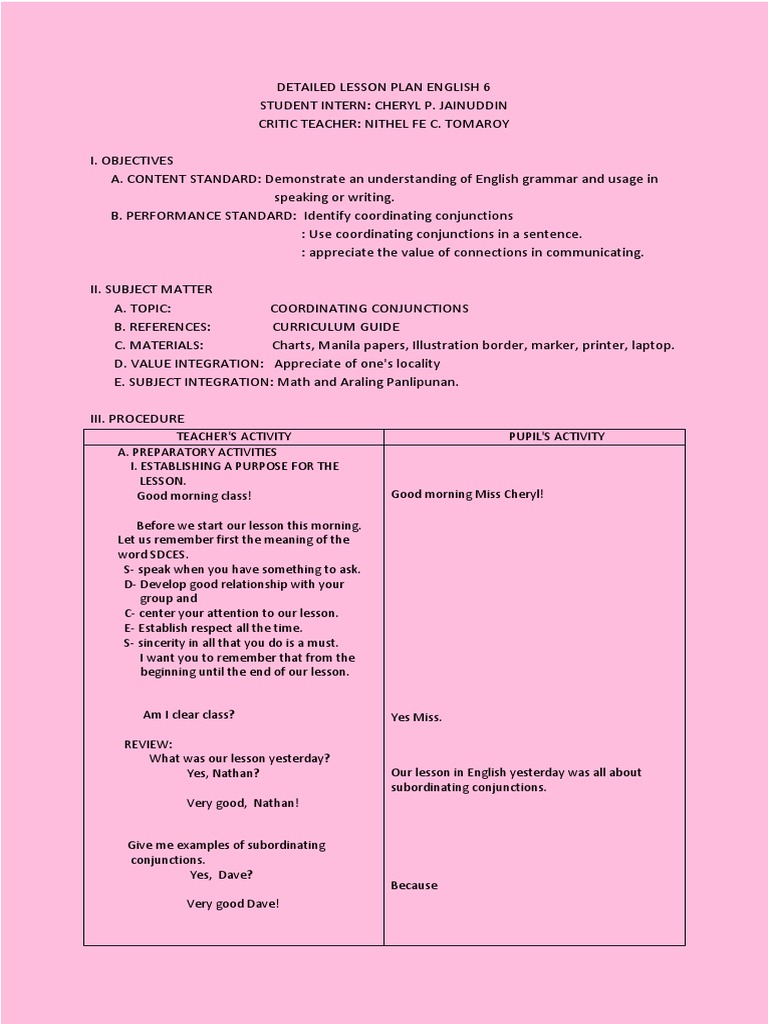 Detailed Lesson Plan English 6 | PDF | Sentence (Linguistics) | Lesson Plan