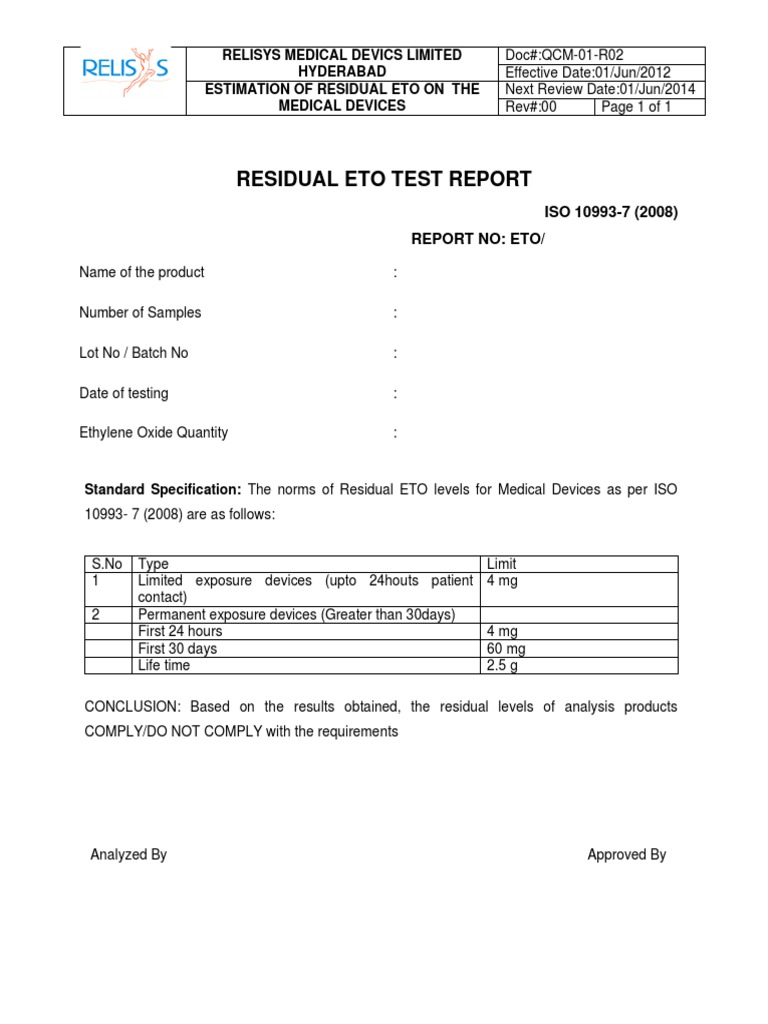 Residual Eto Test Report | PDF