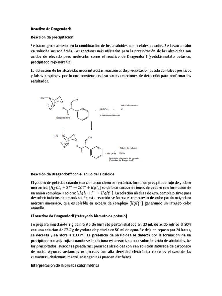 Prueba de Dragendorff para Alcaloides | PDF | Ácido | Ácido clorhídrico