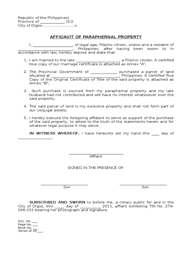 Affidavit of Paraphernal Property - Draft | PDF