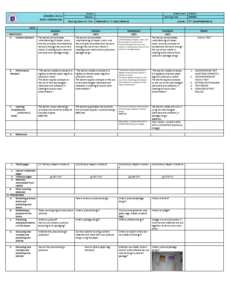 MAPEH Grade 6 Quarter 4 Lesson Plan | PDF | 3 D Computer Graphics | Design