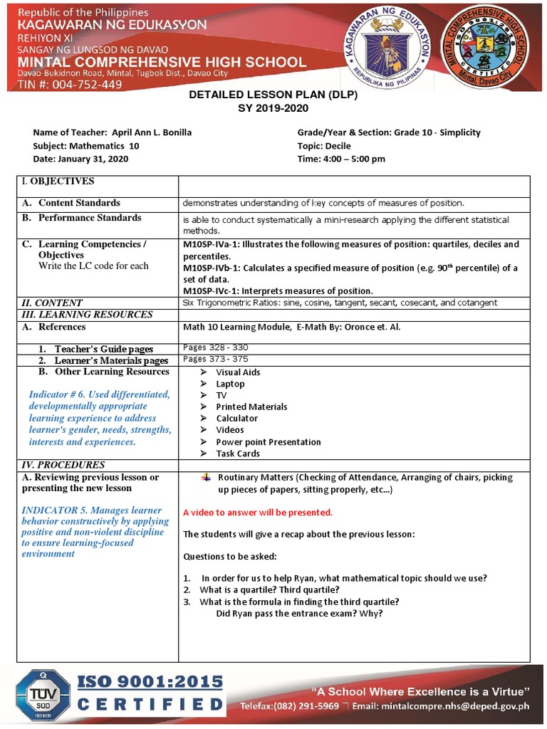 Grade 10 Mathematics Decile Lesson Plan | PDF | Trigonometric Functions ...
