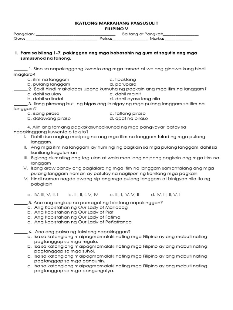 Q3 - Ikatlong Markahang Pagsusulit Sa Filipino V | PDF