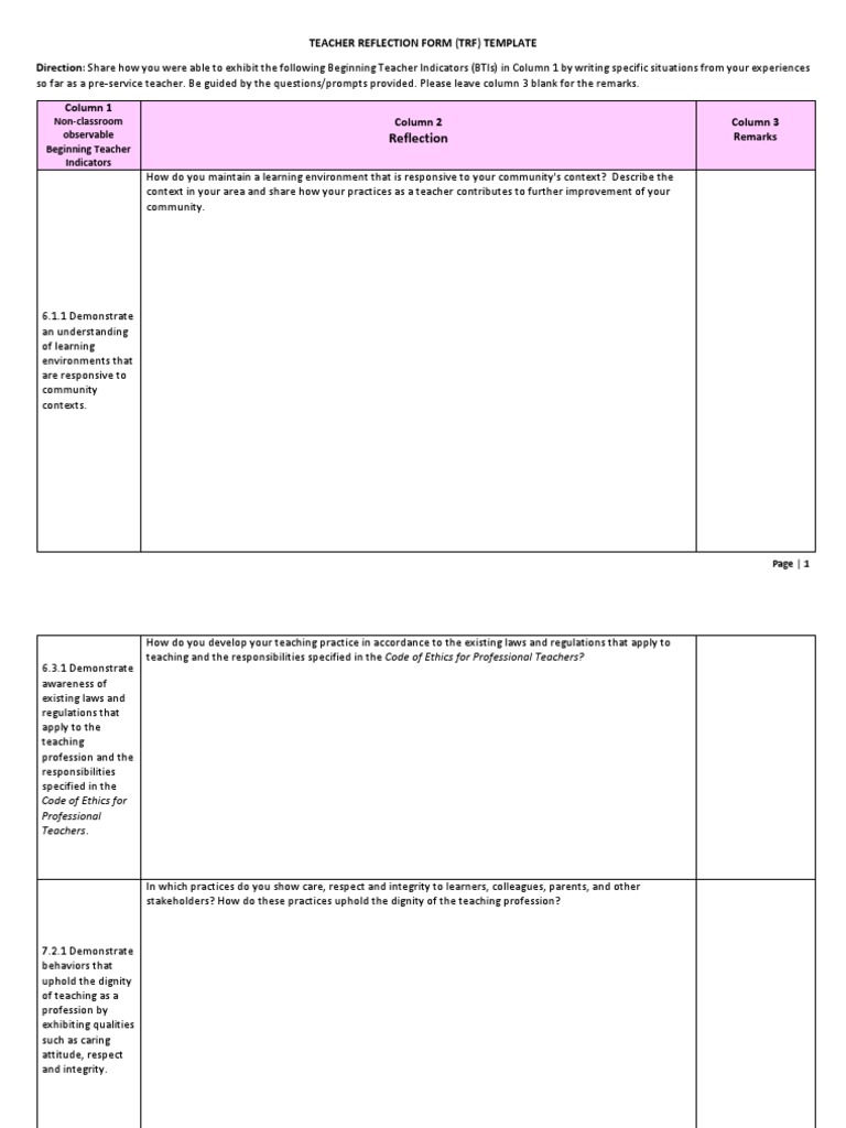 Teacher Reflection Form Template | PDF