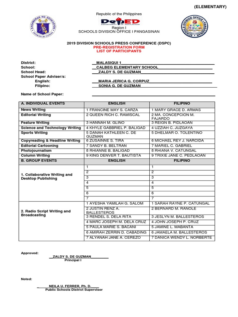 CALBEG ES DSPC Pre Registration Form 2019 | PDF