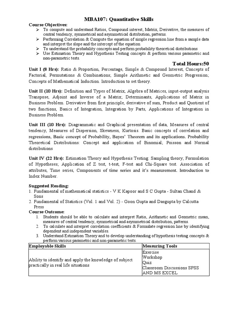 Quantitative Skills - Syllabus | PDF | Statistical Hypothesis Testing ...