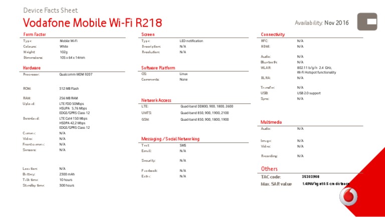 Vodafone Mobile Wi Fi r218 Datasheet | PDF | General Packet Radio ...