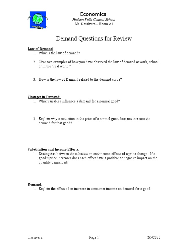 Demand Review Sheet | PDF | Supply And Demand | Supply (Economics)