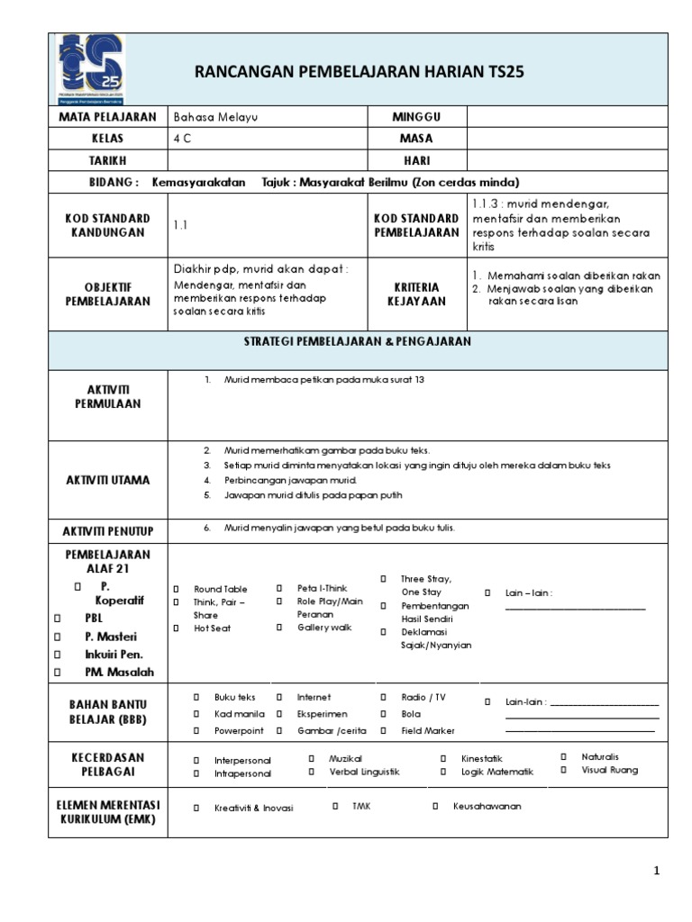 RPH BM Tahun 4 KSSR Semakan Unit 3 Masyarakat Berilmu-1 | PDF